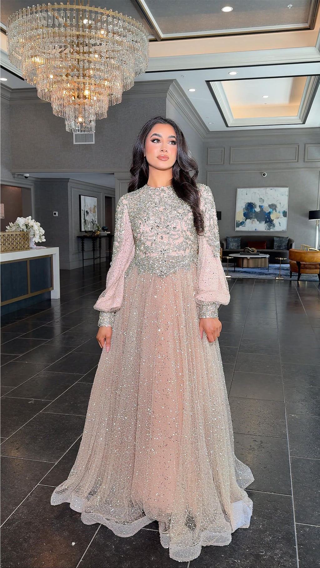 Bashira Long Sleeve Embellished Sequin Modest Ball Gown – SARAH FASHION
